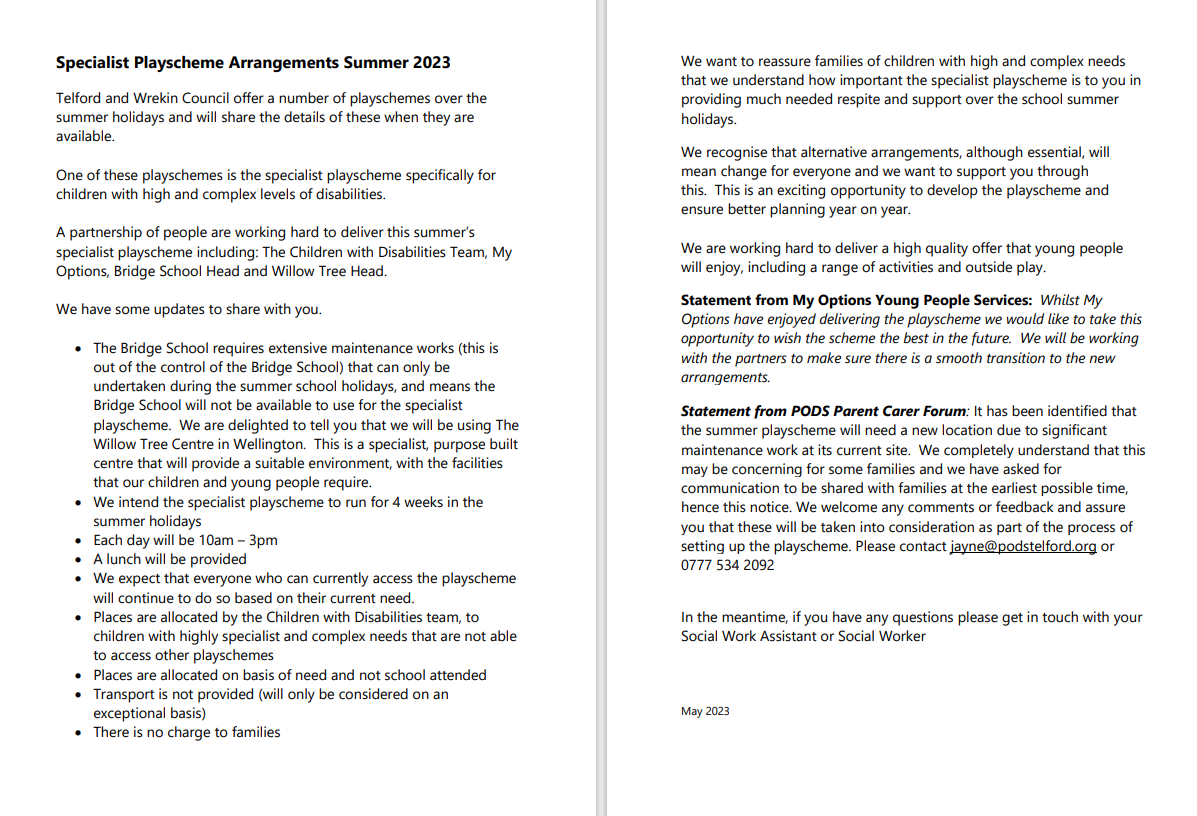 Specialist Playscheme Arrangements Summer 2023 - Together We Can Make a ...